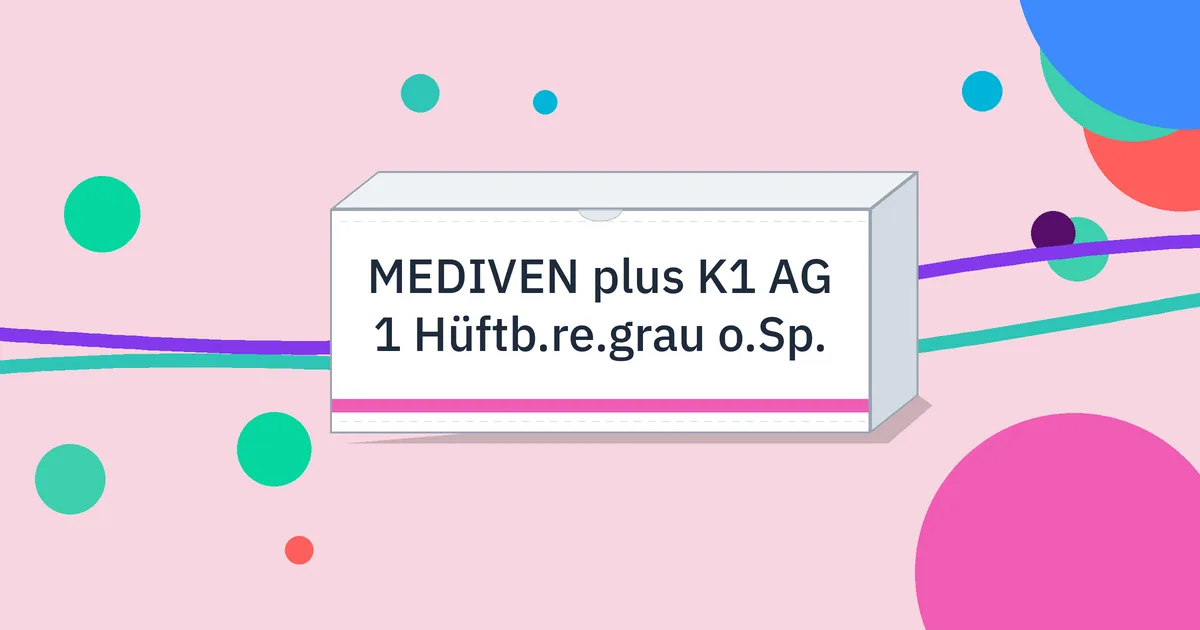 Symbolbild: Packung mit der Aufschrift MEDIVEN plus K1 AG 1 Hüftb.re.grau o.Sp. (PZN 18938818) – Verfügbarkeit und Bezug in Apotheken in Frankfurt am Main