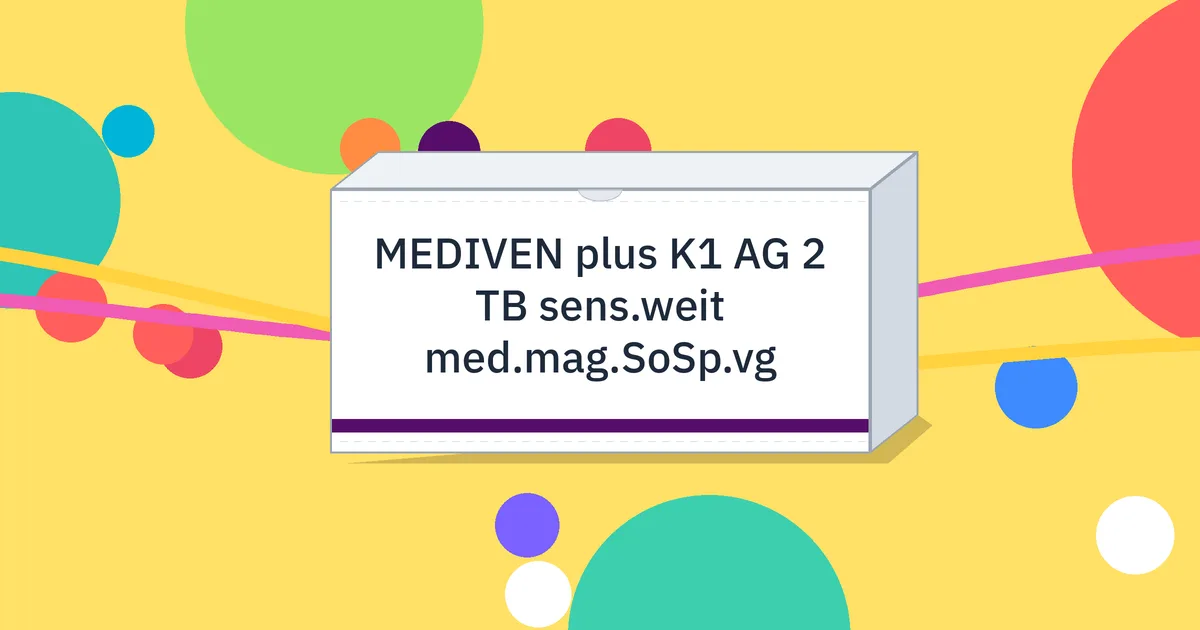 Symbolbild: Packung mit der Aufschrift MEDIVEN plus K1 AG 2 TB sens.weit med.mag.SoSp.vg (PZN 15065620) – Verfügbarkeit und Bezug in Apotheken in Frankfurt am Main