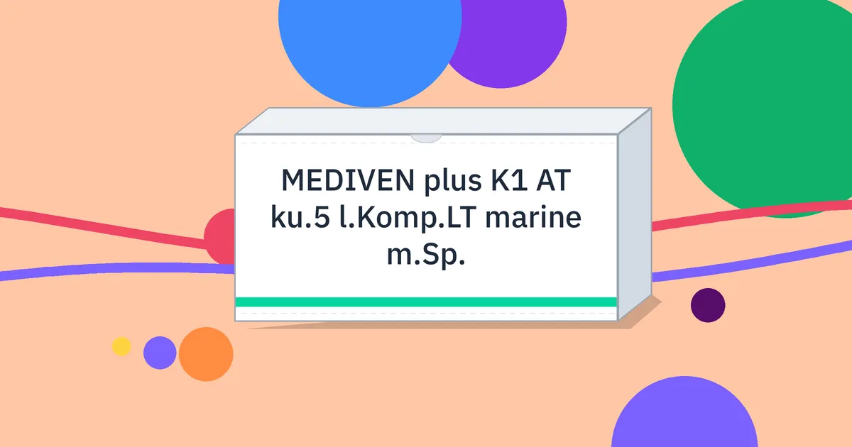 Symbolbild: Packung mit der Aufschrift MEDIVEN plus K1 AT ku.5 l.Komp.LT marine m.Sp. (PZN 15028659) – Verfügbarkeit und Bezug in Apotheken in Frankfurt am Main