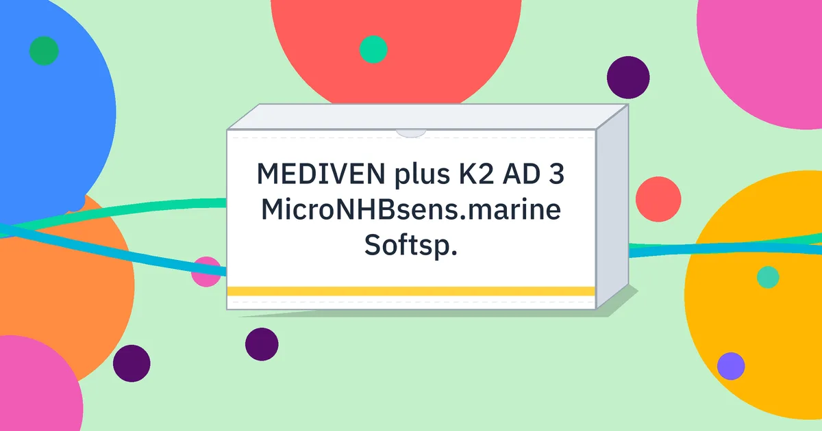 Symbolbild: Packung mit der Aufschrift MEDIVEN plus K2 AD 3 MicroNHBsens.marine Softsp. (PZN 15933329) – Verfügbarkeit und Bezug in Apotheken in Frankfurt am Main
