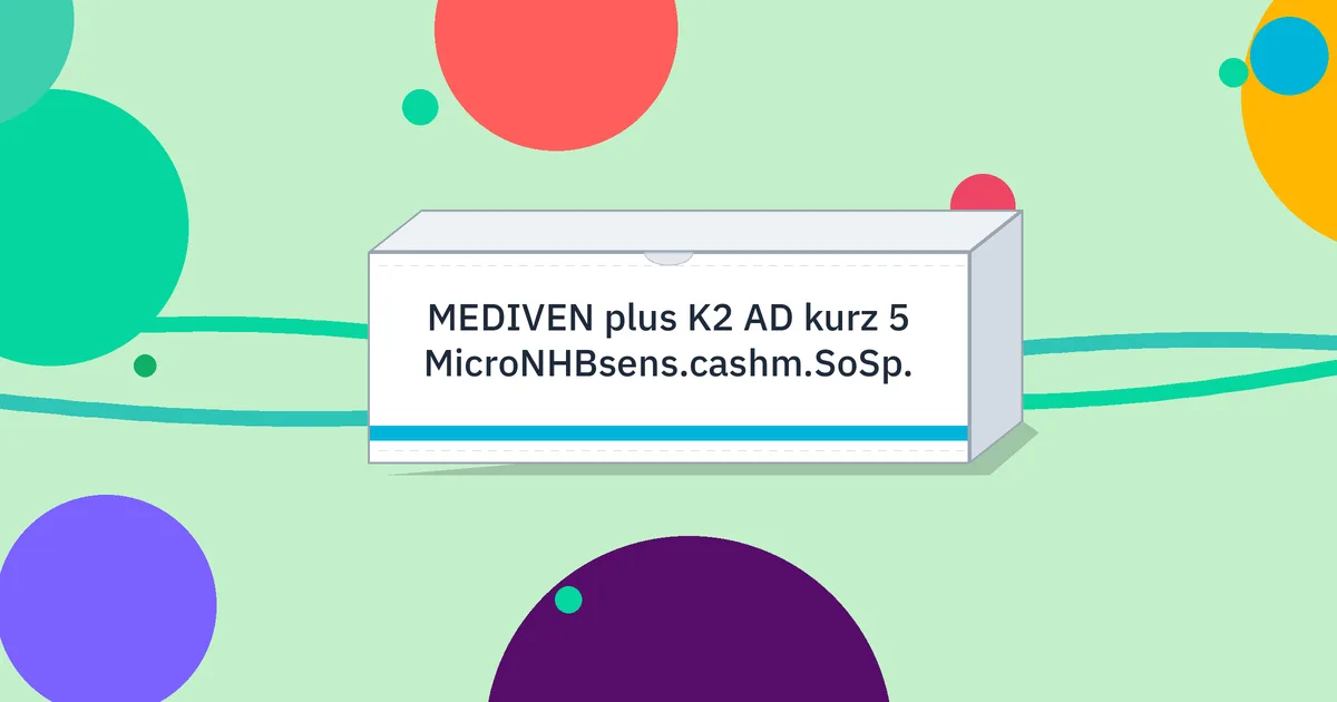 Symbolbild: Packung mit der Aufschrift MEDIVEN plus K2 AD kurz 5 MicroNHBsens.cashm.SoSp. (PZN 15933803) – Verfügbarkeit und Bezug in Apotheken in Frankfurt am Main
