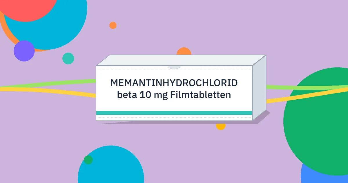 Symbolbild: Packung mit der Aufschrift MEMANTINHYDROCHLORID beta 10 mg Filmtabletten (PZN 09890107) – Verfügbarkeit und Bezug in Apotheken in Frankfurt am Main