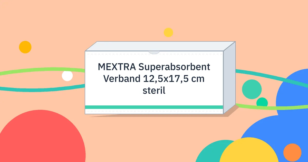 Symbolbild: Packung mit der Aufschrift MEXTRA Superabsorbent Verband 12,5x17,5 cm steril (PZN 19702615) – Verfügbarkeit und Bezug in Apotheken in Frankfurt am Main