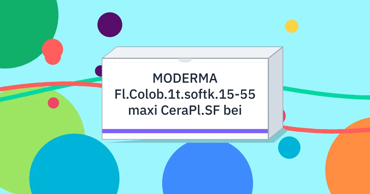 Symbolbild: Packung mit der Aufschrift MODERMA Fl.Colob.1t.softk.15-55 maxi CeraPl.SF bei (PZN 18108809) – Verfügbarkeit und Bezug in Apotheken in Frankfurt am Main