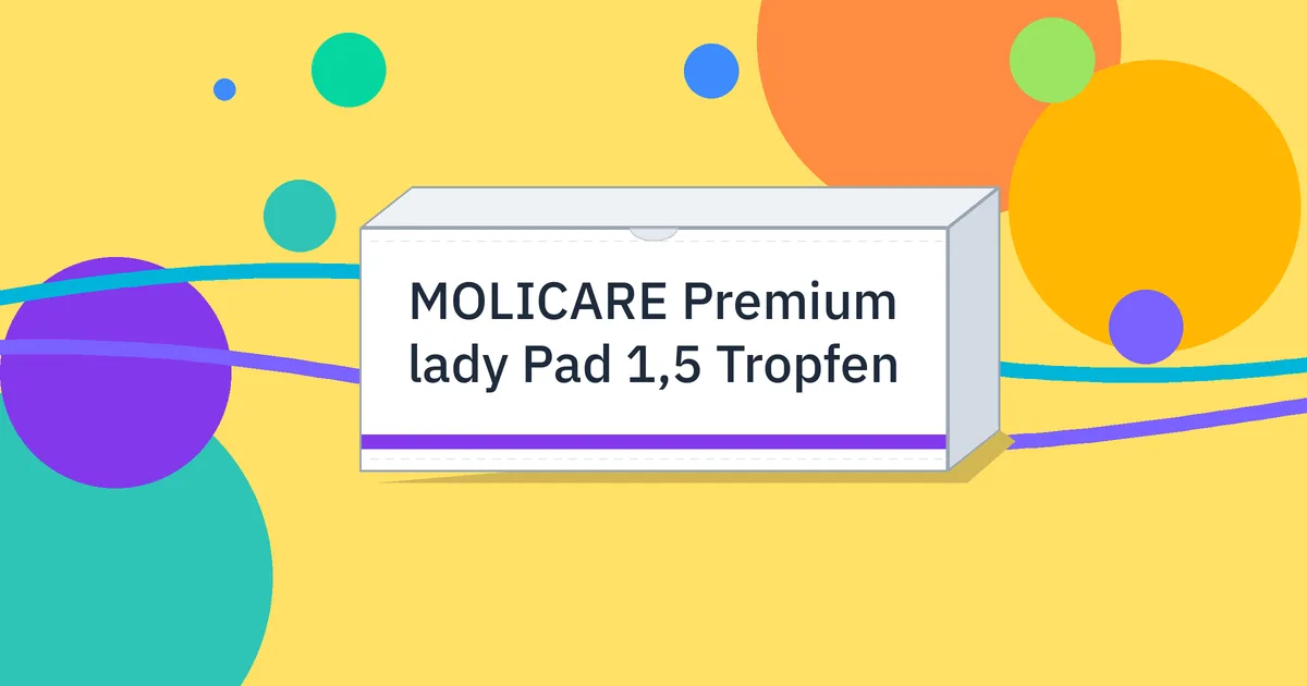 Symbolbild: Packung mit der Aufschrift MOLICARE Premium lady Pad 1,5 Tropfen (PZN 18683560) – Verfügbarkeit und Bezug in Apotheken in Frankfurt am Main