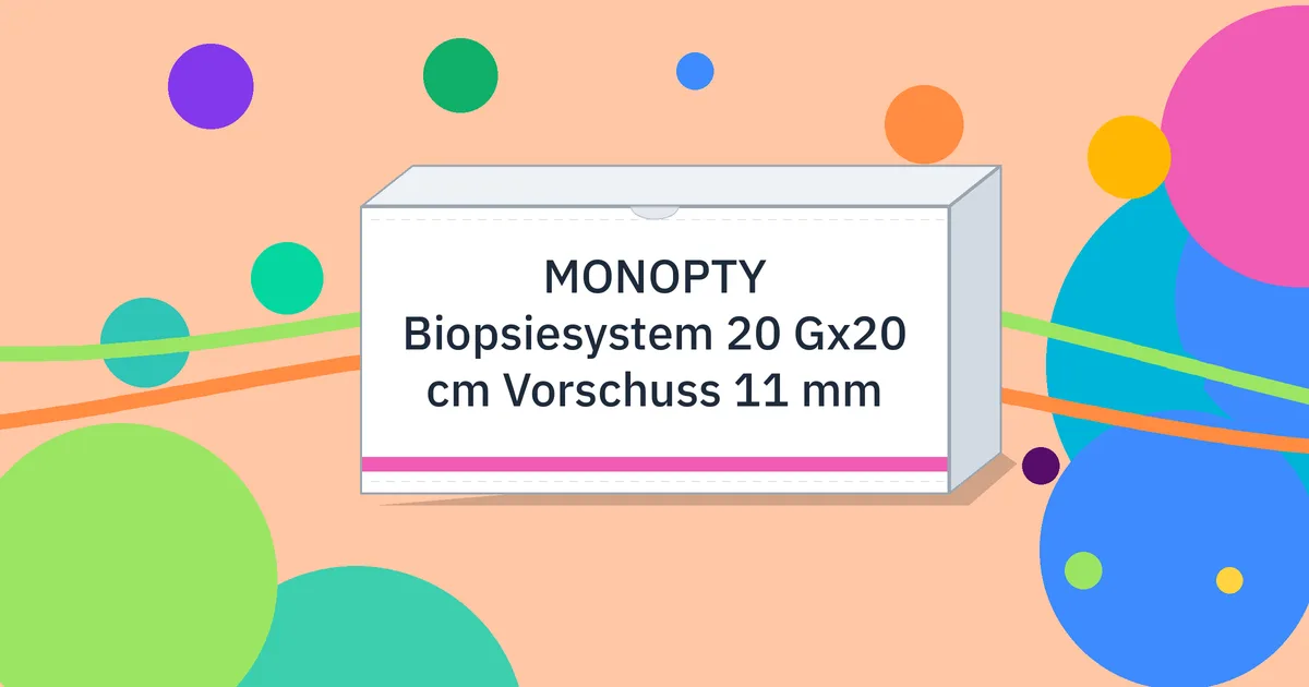 Symbolbild: Packung mit der Aufschrift MONOPTY Biopsiesystem 20 Gx20 cm Vorschuss 11 mm (PZN 03476424) – Verfügbarkeit und Bezug in Apotheken in Frankfurt am Main