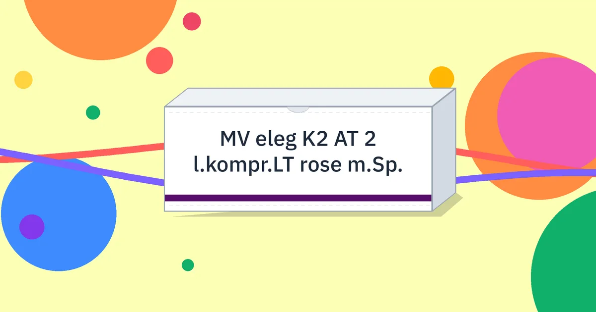 Symbolbild: Packung mit der Aufschrift MV eleg K2 AT 2 l.kompr.LT rose m.Sp. (PZN 15286137) – Verfügbarkeit und Bezug in Apotheken in Frankfurt am Main