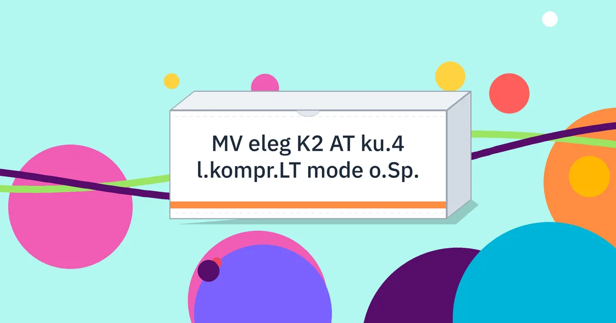 Symbolbild: Packung mit der Aufschrift MV eleg K2 AT ku.4 l.kompr.LT mode o.Sp. (PZN 06189777) – Verfügbarkeit und Bezug in Apotheken in Frankfurt am Main