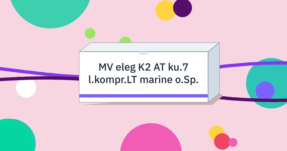 Symbolbild: Packung mit der Aufschrift MV eleg K2 AT ku.7 l.kompr.LT marine o.Sp. (PZN 15287912) – Verfügbarkeit und Bezug in Apotheken in Frankfurt am Main