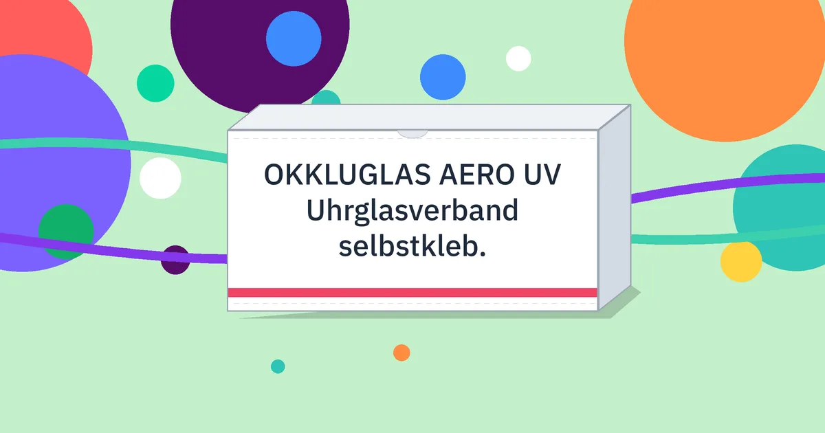 Symbolbild: Packung mit der Aufschrift OKKLUGLAS AERO UV Uhrglasverband selbstkleb. (PZN 17203368) – Verfügbarkeit und Bezug in Apotheken in Frankfurt am Main