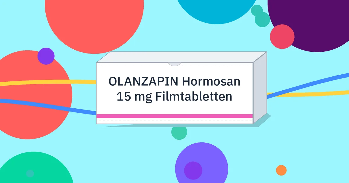 Symbolbild: Packung mit der Aufschrift OLANZAPIN Hormosan 15 mg Filmtabletten (PZN 09214599) – Verfügbarkeit und Bezug in Apotheken in Frankfurt am Main