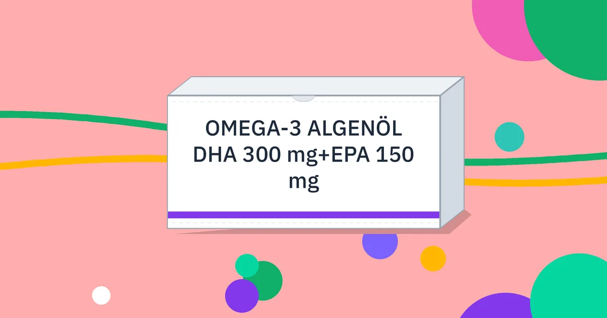 Symbolbild: Packung mit der Aufschrift OMEGA-3 ALGENÖL DHA 300 mg+EPA 150 mg (PZN 14291900) – Verfügbarkeit und Bezug in Apotheken in Frankfurt am Main