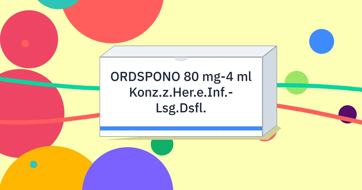 Symbolbild: Packung mit der Aufschrift ORDSPONO 80 mg-4 ml Konz.z.Her.e.Inf.-Lsg.Dsfl. (PZN 19481858) – Verfügbarkeit und Bezug in Apotheken in Frankfurt am Main