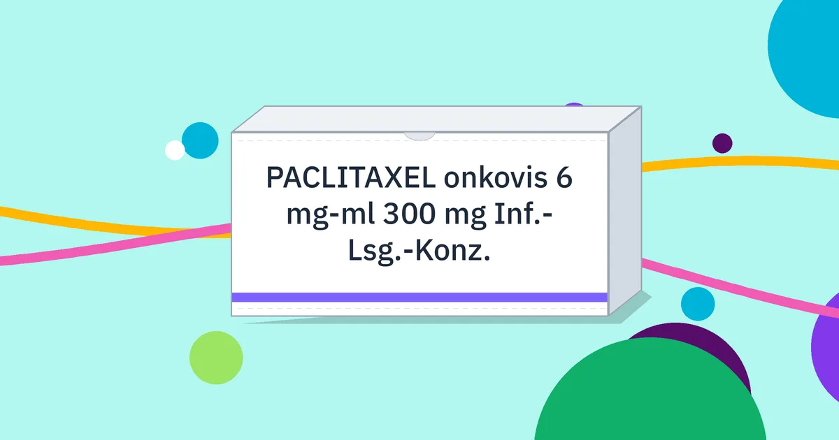 Symbolbild: Packung mit der Aufschrift PACLITAXEL onkovis 6 mg-ml 300 mg Inf.-Lsg.-Konz. (PZN 05104827) – Verfügbarkeit und Bezug in Apotheken in Frankfurt am Main