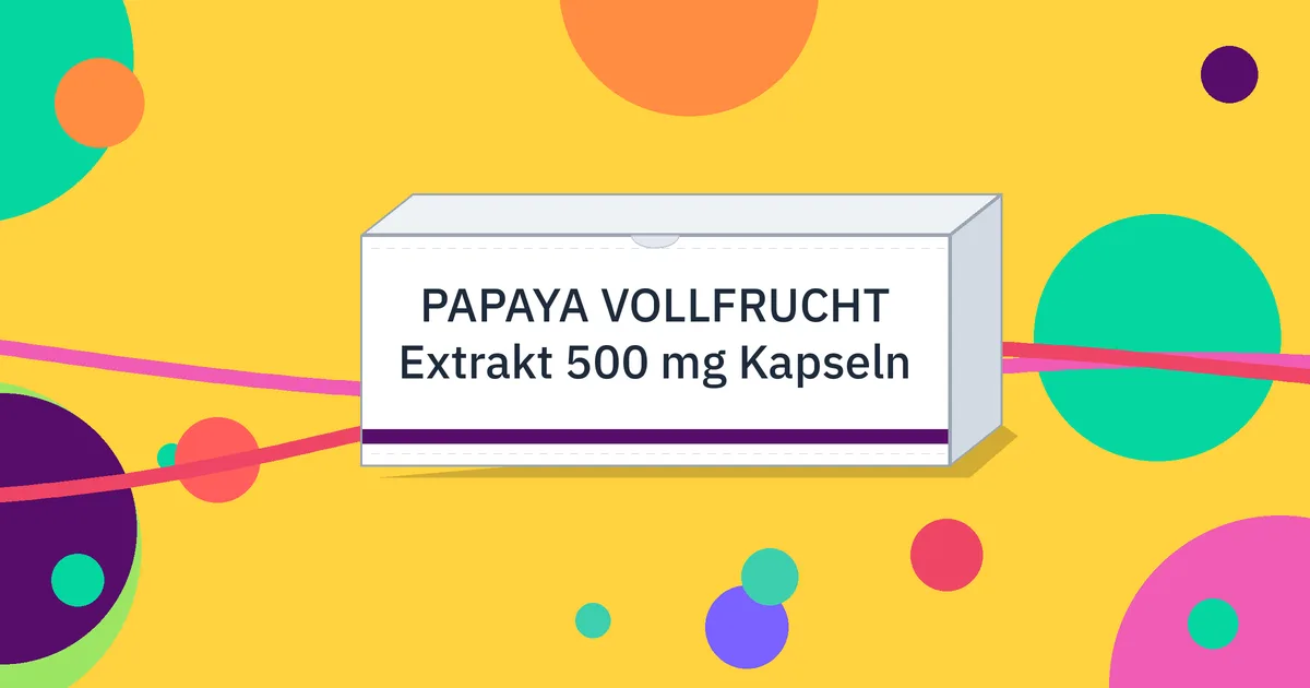 Symbolbild: Packung mit der Aufschrift PAPAYA VOLLFRUCHT Extrakt 500 mg Kapseln (PZN 11047967) – Verfügbarkeit und Bezug in Apotheken in Frankfurt am Main