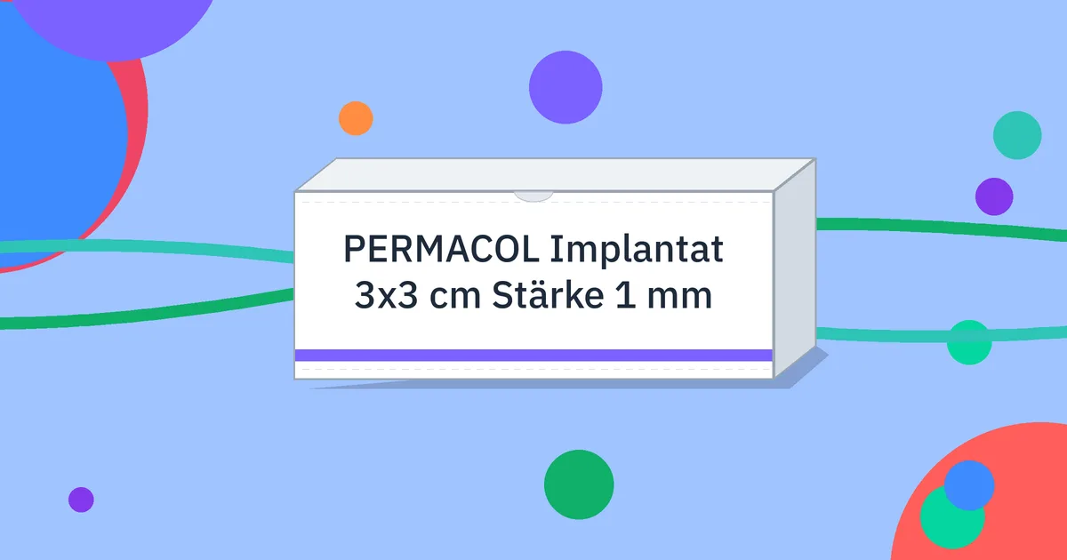 Symbolbild: Packung mit der Aufschrift PERMACOL Implantat 3x3 cm Stärke 1 mm (PZN 05869524) – Verfügbarkeit und Bezug in Apotheken in Frankfurt am Main