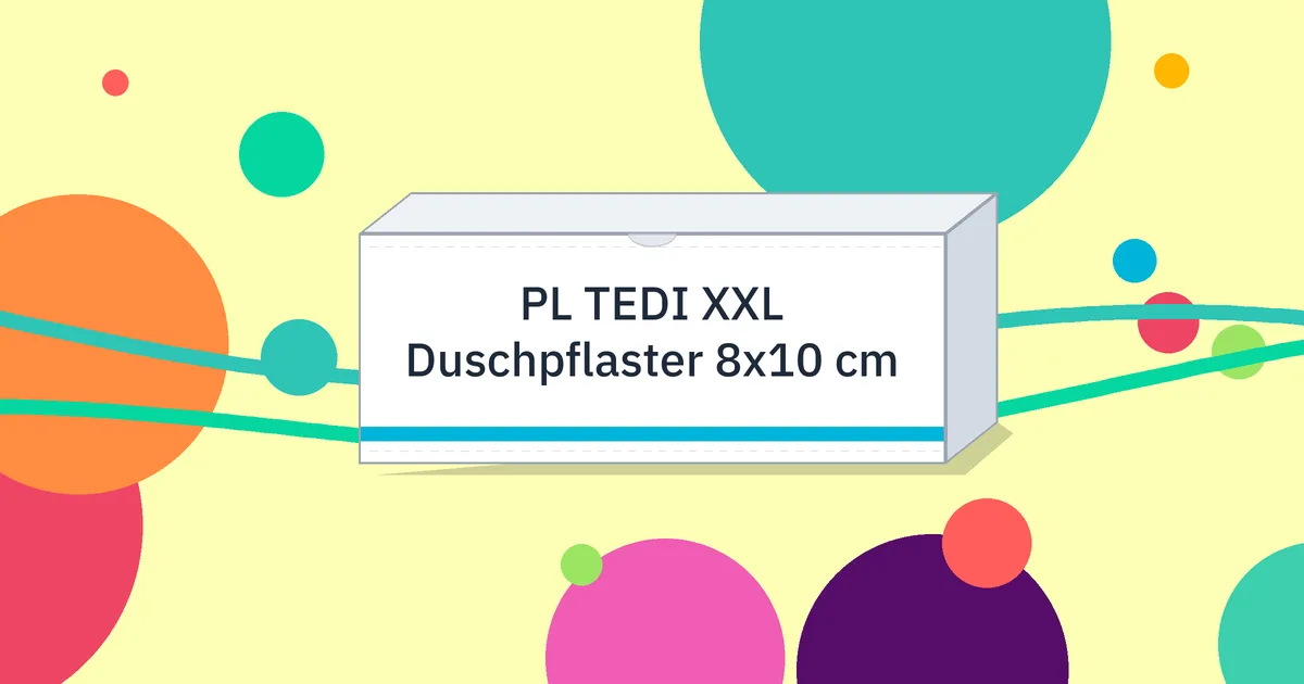 Symbolbild: Packung mit der Aufschrift PL TEDI XXL Duschpflaster 8x10 cm (PZN 20107131) – Verfügbarkeit und Bezug in Apotheken in Frankfurt am Main