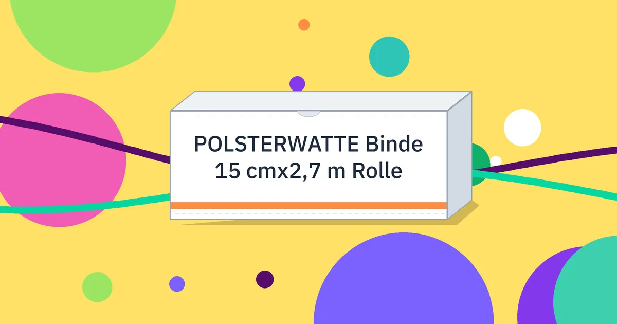 Symbolbild: Packung mit der Aufschrift POLSTERWATTE Binde 15 cmx2,7 m Rolle (PZN 19523686) – Verfügbarkeit und Bezug in Apotheken in Frankfurt am Main