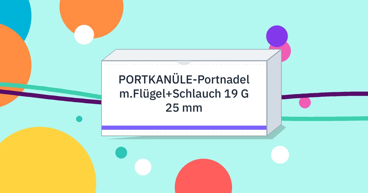 Symbolbild: Packung mit der Aufschrift PORTKANÜLE-Portnadel m.Flügel+Schlauch 19 G 25 mm (PZN 10010703) – Verfügbarkeit und Bezug in Apotheken in Frankfurt am Main