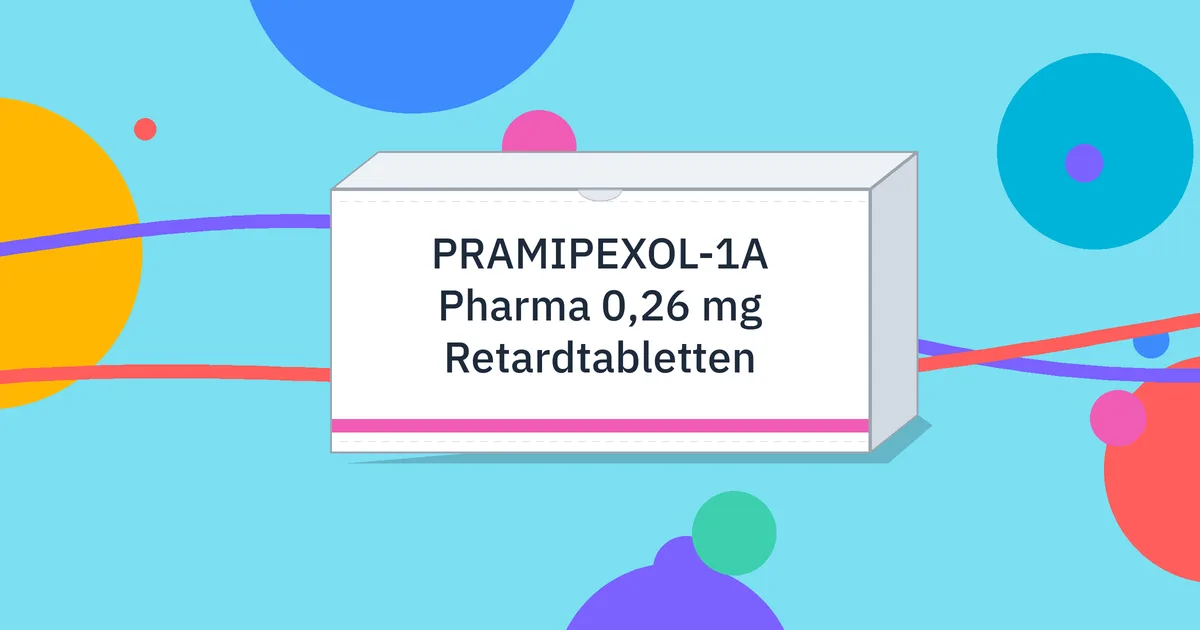 Symbolbild: Packung mit der Aufschrift PRAMIPEXOL-1A Pharma 0,26 mg Retardtabletten (PZN 07604209) – Verfügbarkeit und Bezug in Apotheken in Frankfurt am Main