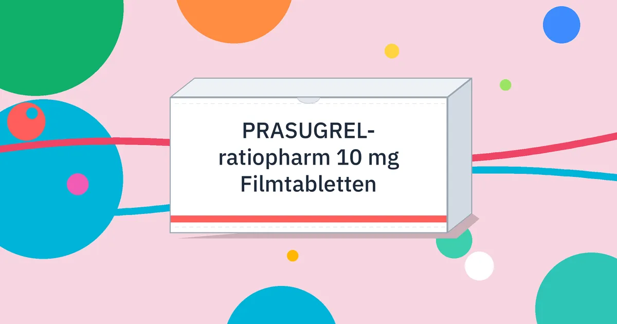 Symbolbild: Packung mit der Aufschrift PRASUGREL-ratiopharm 10 mg Filmtabletten (PZN 18794408) – Verfügbarkeit und Bezug in Apotheken in Frankfurt am Main