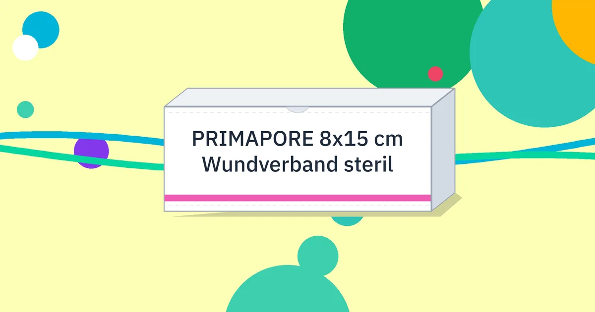 Symbolbild: Packung mit der Aufschrift PRIMAPORE 8x15 cm Wundverband steril (PZN 07738861) – Verfügbarkeit und Bezug in Apotheken in Frankfurt am Main