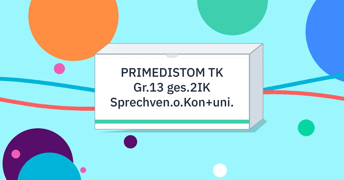Symbolbild: Packung mit der Aufschrift PRIMEDISTOM TK Gr.13 ges.2IK Sprechven.o.Kon+uni. (PZN 10209244) – Verfügbarkeit und Bezug in Apotheken in Frankfurt am Main