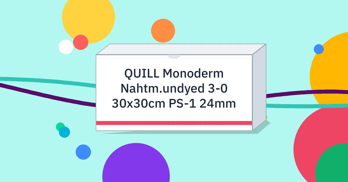 Symbolbild: Packung mit der Aufschrift QUILL Monoderm Nahtm.undyed 3-0 30x30cm PS-1 24mm (PZN 17988866) – Verfügbarkeit und Bezug in Apotheken in Frankfurt am Main
