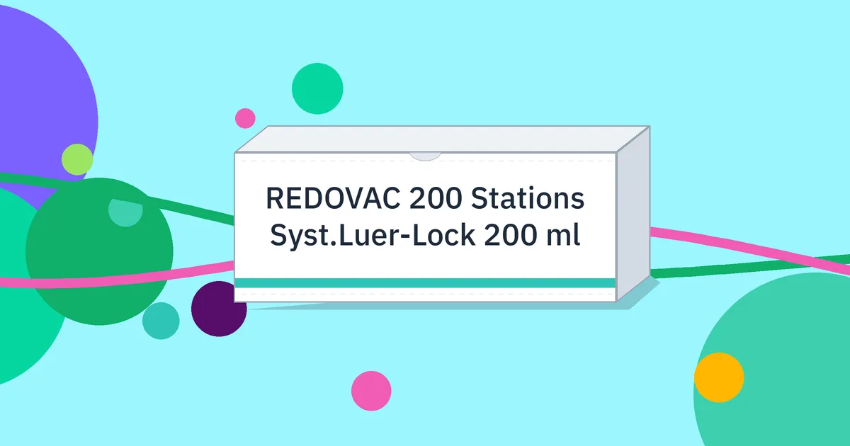 Symbolbild: Packung mit der Aufschrift REDOVAC 200 Stations Syst.Luer-Lock 200 ml (PZN 15632390) – Verfügbarkeit und Bezug in Apotheken in Frankfurt am Main