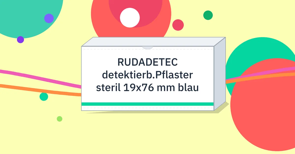 Symbolbild: Packung mit der Aufschrift RUDADETEC detektierb.Pflaster steril 19x76 mm blau (PZN 13353556) – Verfügbarkeit und Bezug in Apotheken in Frankfurt am Main