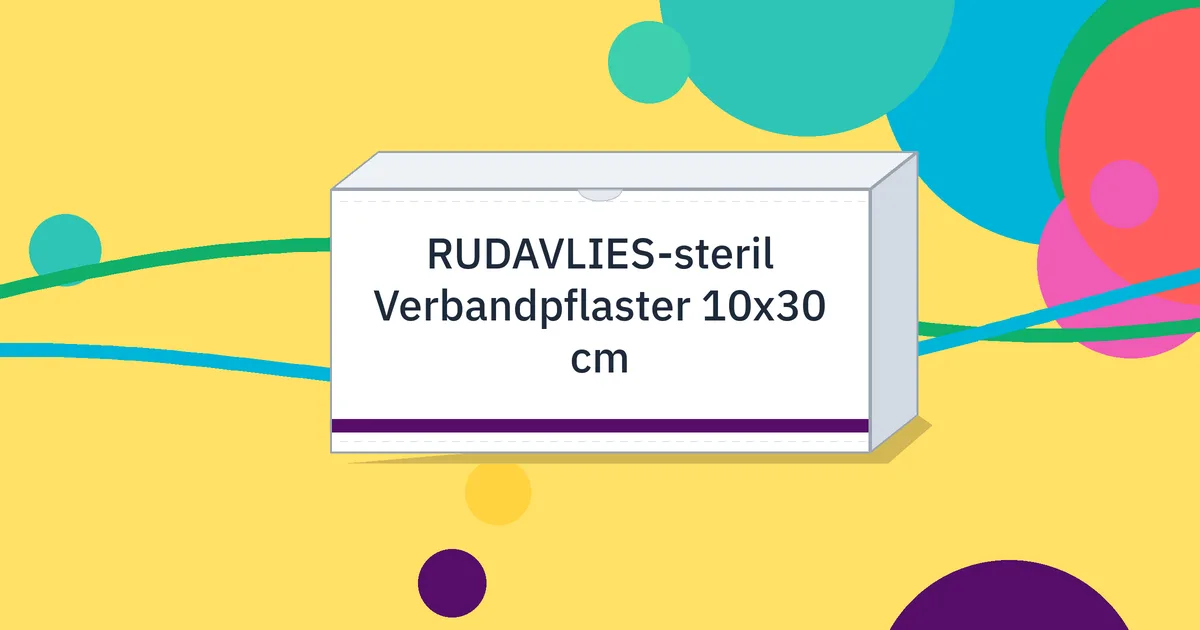 Symbolbild: Packung mit der Aufschrift RUDAVLIES-steril Verbandpflaster 10x30 cm (PZN 07092732) – Verfügbarkeit und Bezug in Apotheken in Frankfurt am Main