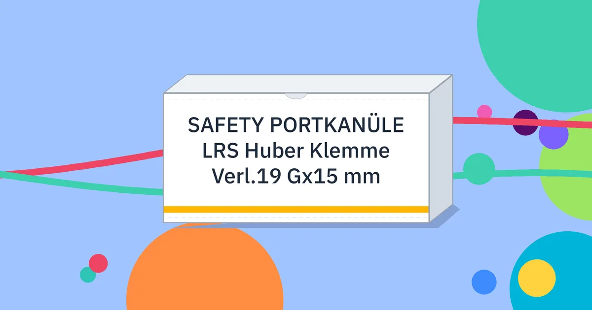 Symbolbild: Packung mit der Aufschrift SAFETY PORTKANÜLE LRS Huber Klemme Verl.19 Gx15 mm (PZN 16661867) – Verfügbarkeit und Bezug in Apotheken in Frankfurt am Main