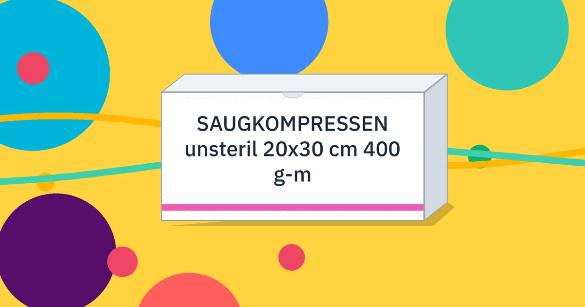Symbolbild: Packung mit der Aufschrift SAUGKOMPRESSEN unsteril 20x30 cm 400 g-m (PZN 01653879) – Verfügbarkeit und Bezug in Apotheken in Frankfurt am Main