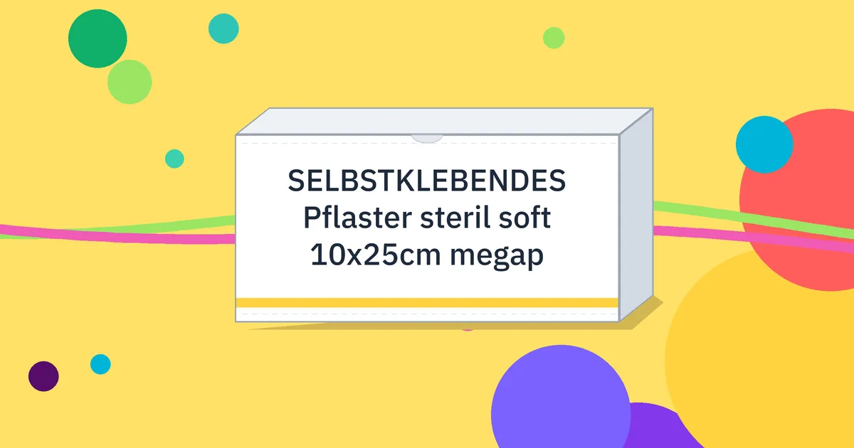 Symbolbild: Packung mit der Aufschrift SELBSTKLEBENDES Pflaster steril soft 10x25cm megap (PZN 16501632) – Verfügbarkeit und Bezug in Apotheken in Frankfurt am Main
