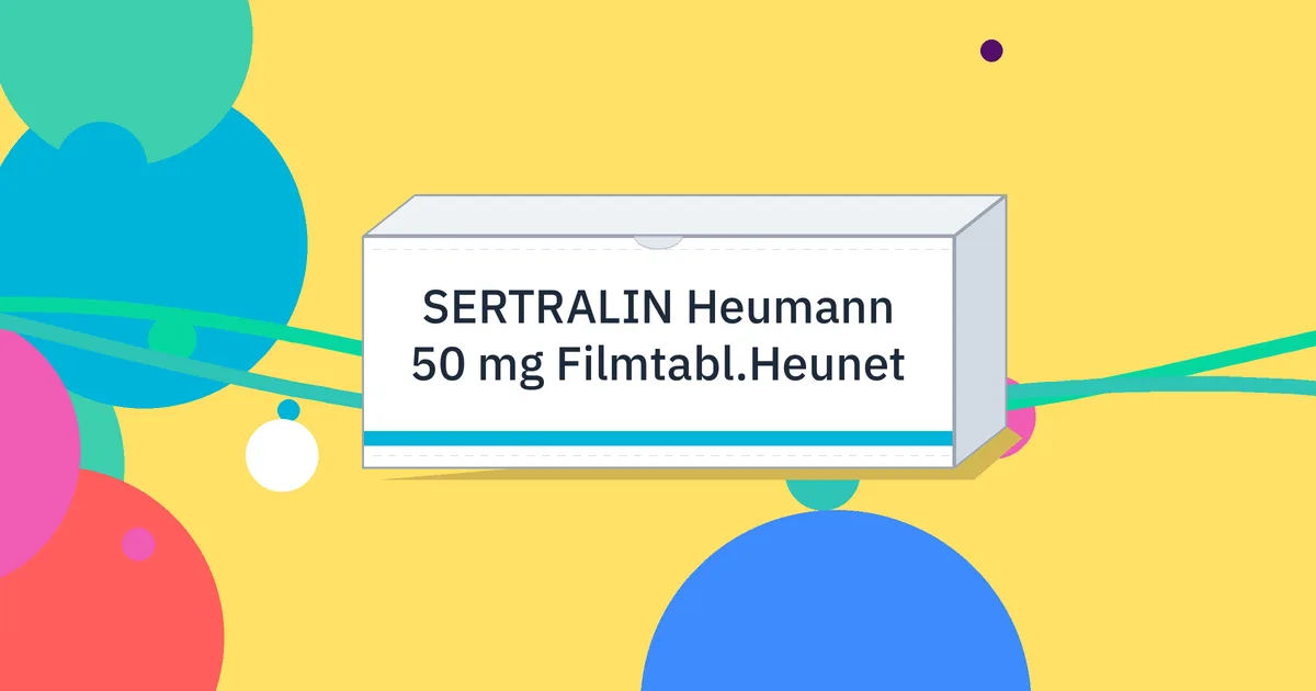 Symbolbild: Packung mit der Aufschrift SERTRALIN Heumann 50 mg Filmtabl.Heunet (PZN 05890435) – Verfügbarkeit und Bezug in Apotheken in Frankfurt am Main