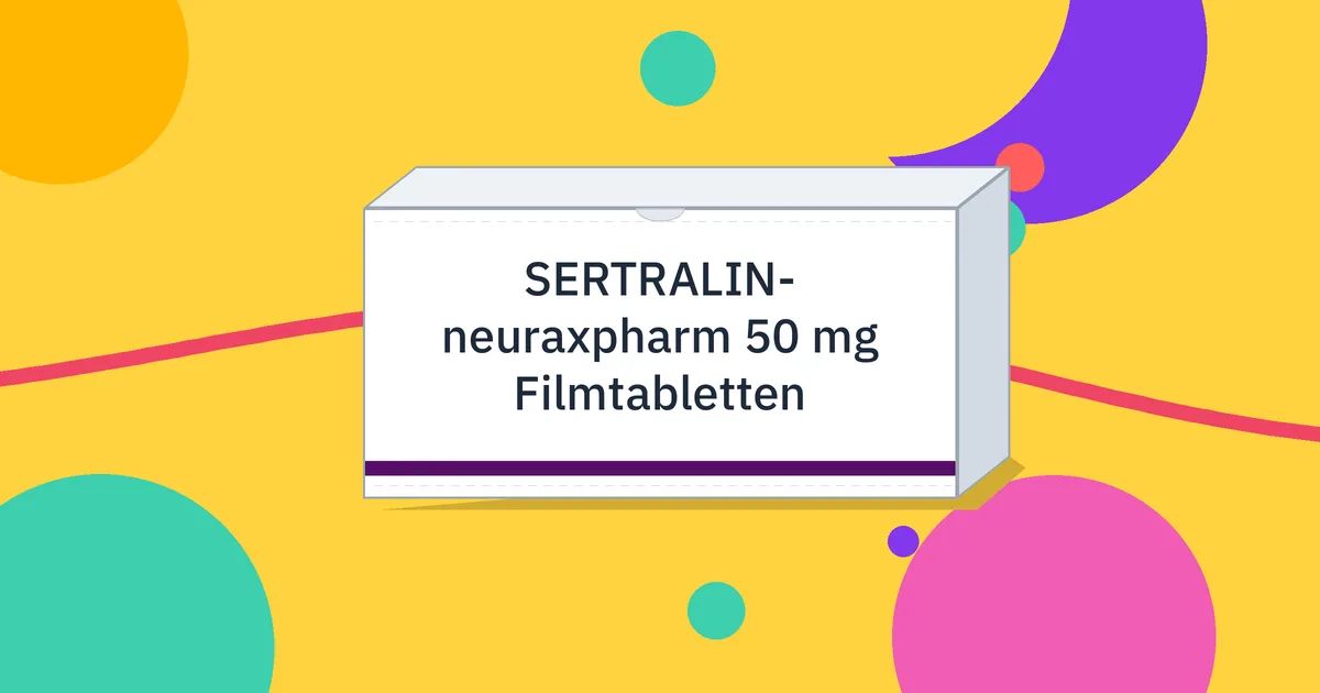 Symbolbild: Packung mit der Aufschrift SERTRALIN-neuraxpharm 50 mg Filmtabletten (PZN 01034834) – Verfügbarkeit und Bezug in Apotheken in Frankfurt am Main