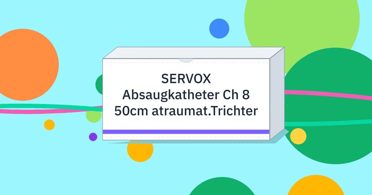 Symbolbild: Packung mit der Aufschrift SERVOX Absaugkatheter Ch 8 50cm atraumat.Trichter (PZN 06939445) – Verfügbarkeit und Bezug in Apotheken in Frankfurt am Main