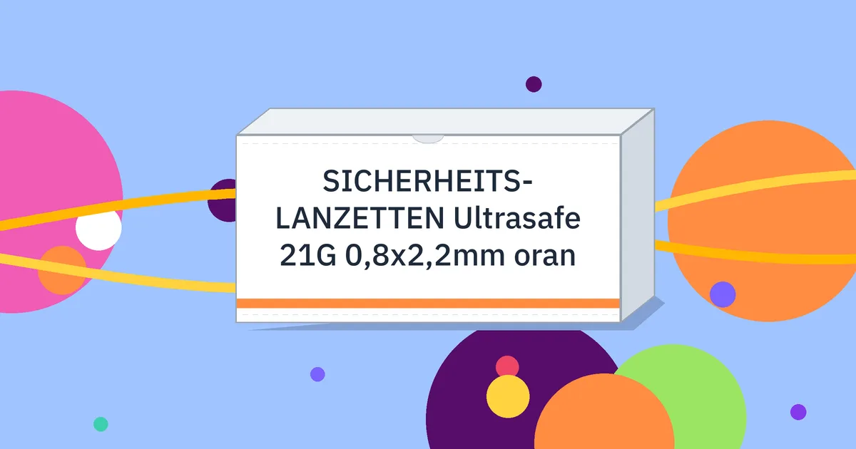Symbolbild: Packung mit der Aufschrift SICHERHEITS-LANZETTEN Ultrasafe 21G 0,8x2,2mm oran (PZN 19264807) – Verfügbarkeit und Bezug in Apotheken in Frankfurt am Main