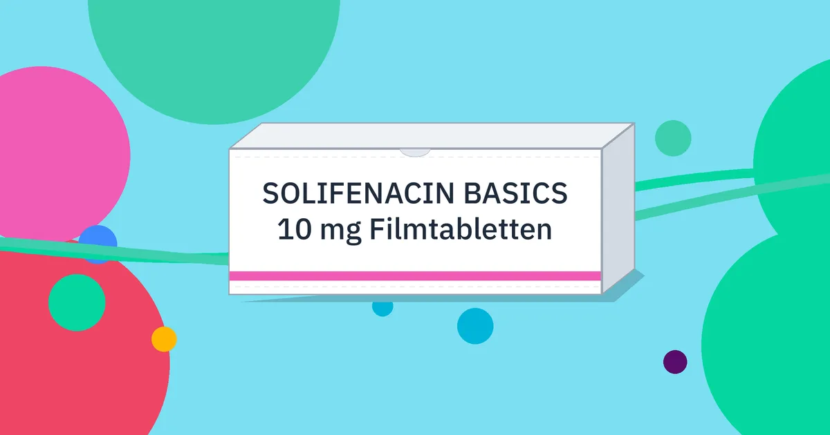 Symbolbild: Packung mit der Aufschrift SOLIFENACIN BASICS 10 mg Filmtabletten (PZN 15616853) – Verfügbarkeit und Bezug in Apotheken in Frankfurt am Main