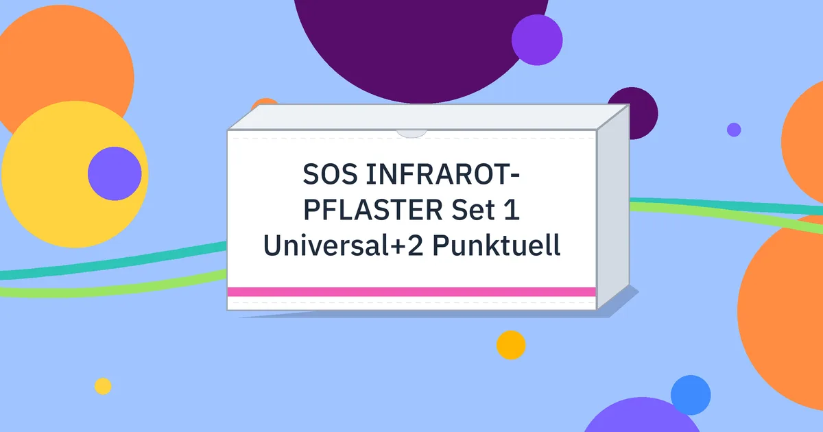 Symbolbild: Packung mit der Aufschrift SOS INFRAROT-PFLASTER Set 1 Universal+2 Punktuell (PZN 18323755) – Verfügbarkeit und Bezug in Apotheken in Frankfurt am Main