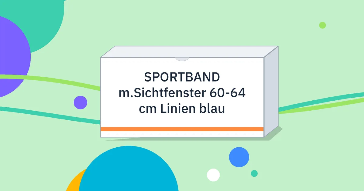 Symbolbild: Packung mit der Aufschrift SPORTBAND m.Sichtfenster 60-64 cm Linien blau (PZN 17837558) – Verfügbarkeit und Bezug in Apotheken in Frankfurt am Main
