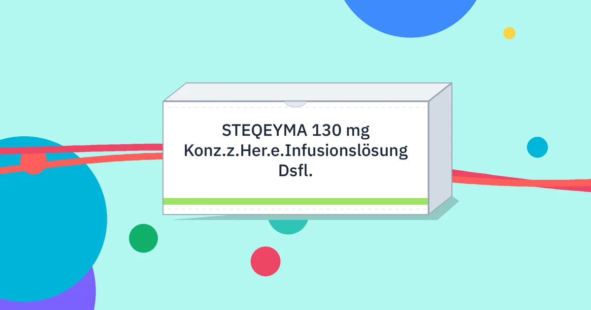 Symbolbild: Packung mit der Aufschrift STEQEYMA 130 mg Konz.z.Her.e.Infusionslösung Dsfl. (PZN 20169072) – Verfügbarkeit und Bezug in Apotheken in Frankfurt am Main