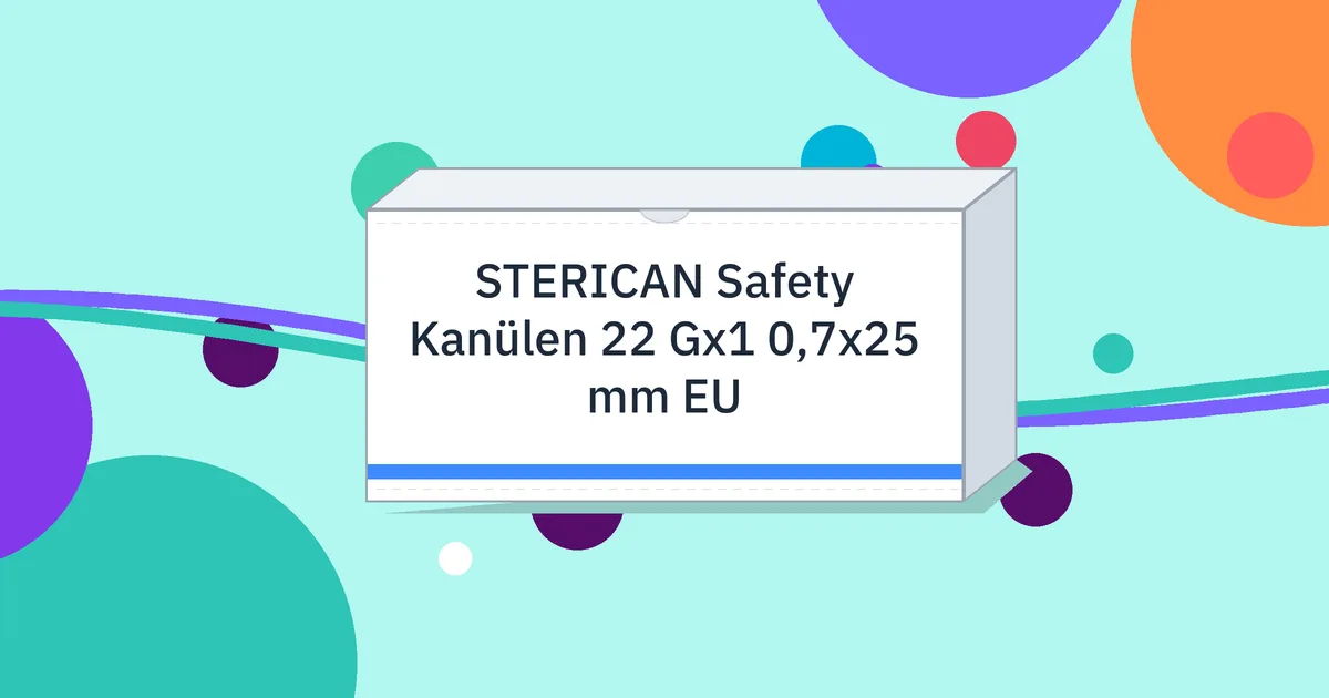 Symbolbild: Packung mit der Aufschrift STERICAN Safety Kanülen 22 Gx1 0,7x25 mm EU (PZN 16016902) – Verfügbarkeit und Bezug in Apotheken in Frankfurt am Main