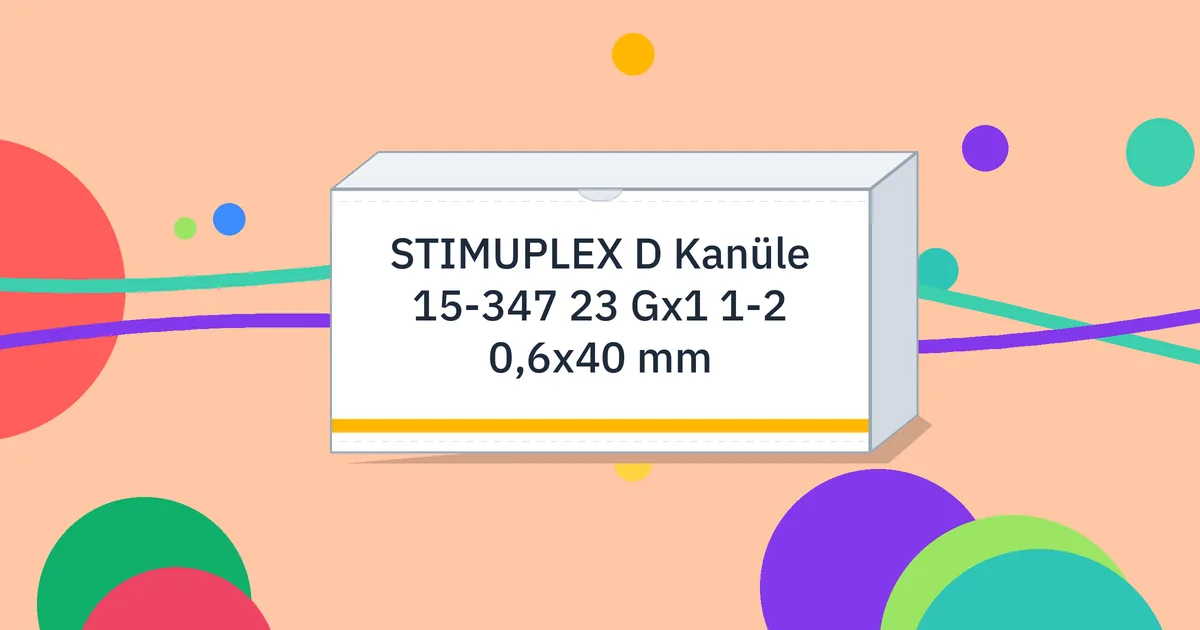 Symbolbild: Packung mit der Aufschrift STIMUPLEX D Kanüle 15-347 23 Gx1 1-2 0,6x40 mm (PZN 14138328) – Verfügbarkeit und Bezug in Apotheken in Frankfurt am Main