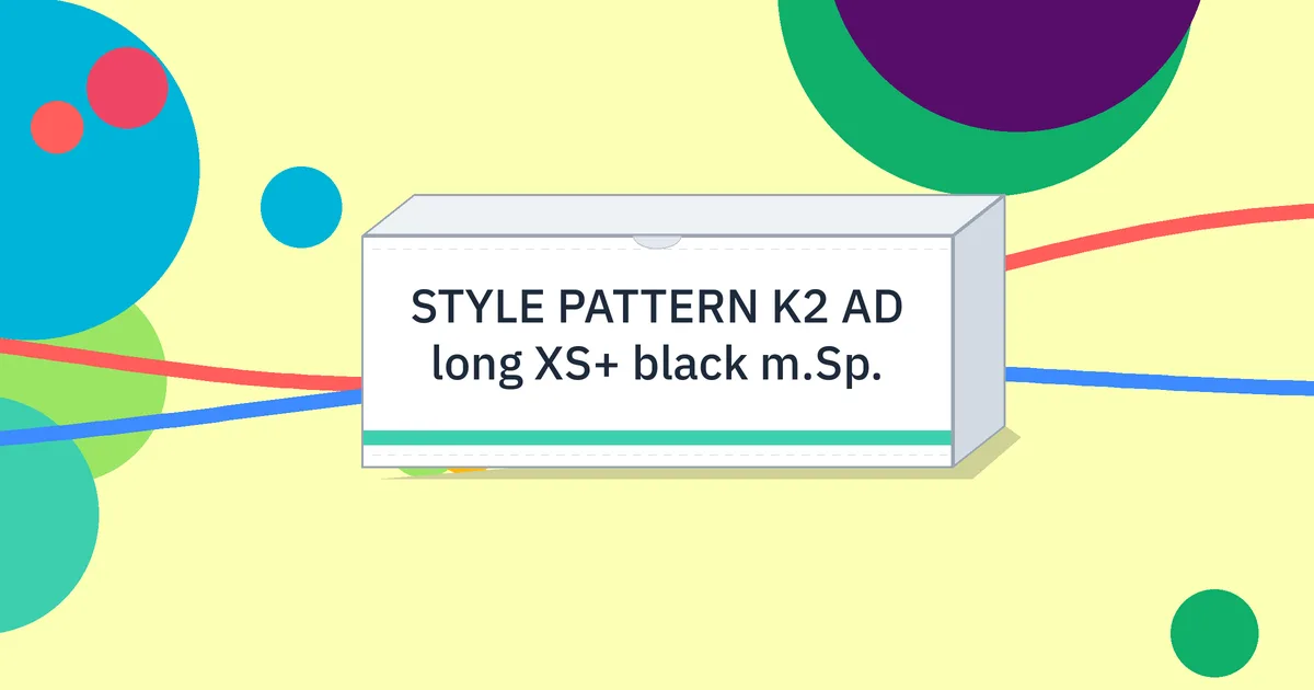 Symbolbild: Packung mit der Aufschrift STYLE PATTERN K2 AD long XS+ black m.Sp. (PZN 19695306) – Verfügbarkeit und Bezug in Apotheken in Frankfurt am Main