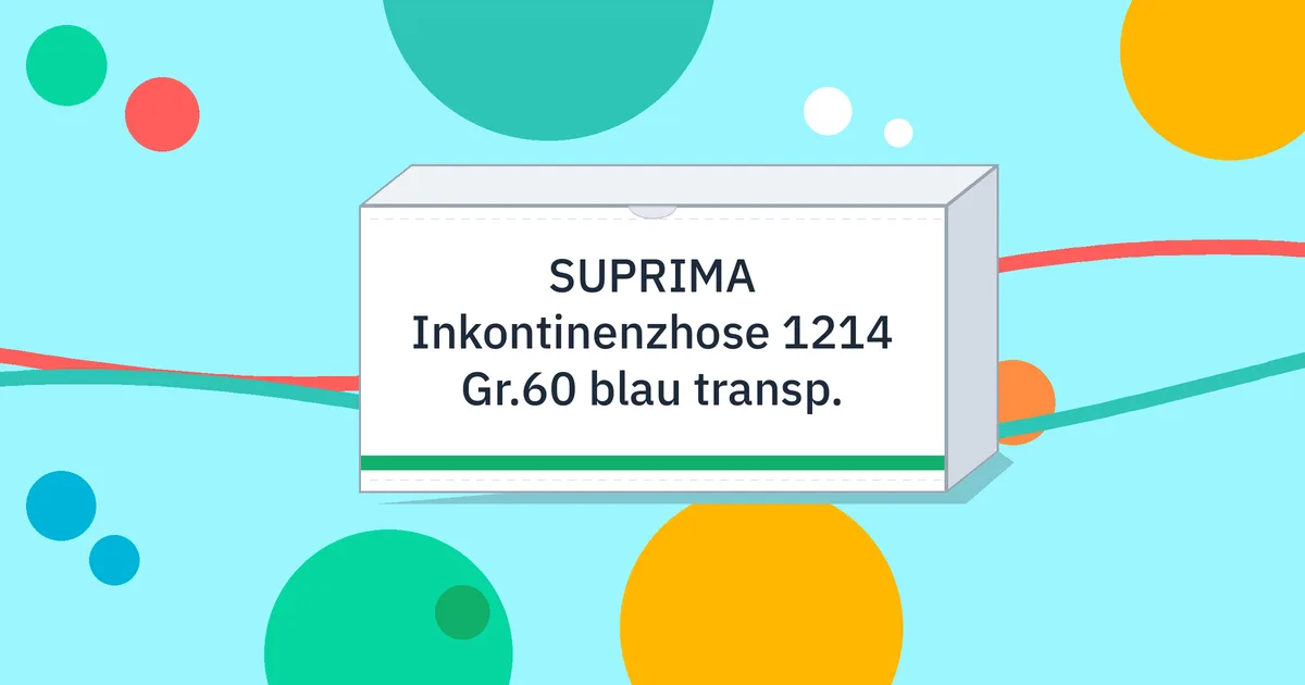 Symbolbild: Packung mit der Aufschrift SUPRIMA Inkontinenzhose 1214 Gr.60 blau transp. (PZN 02852807) – Verfügbarkeit und Bezug in Apotheken in Frankfurt am Main