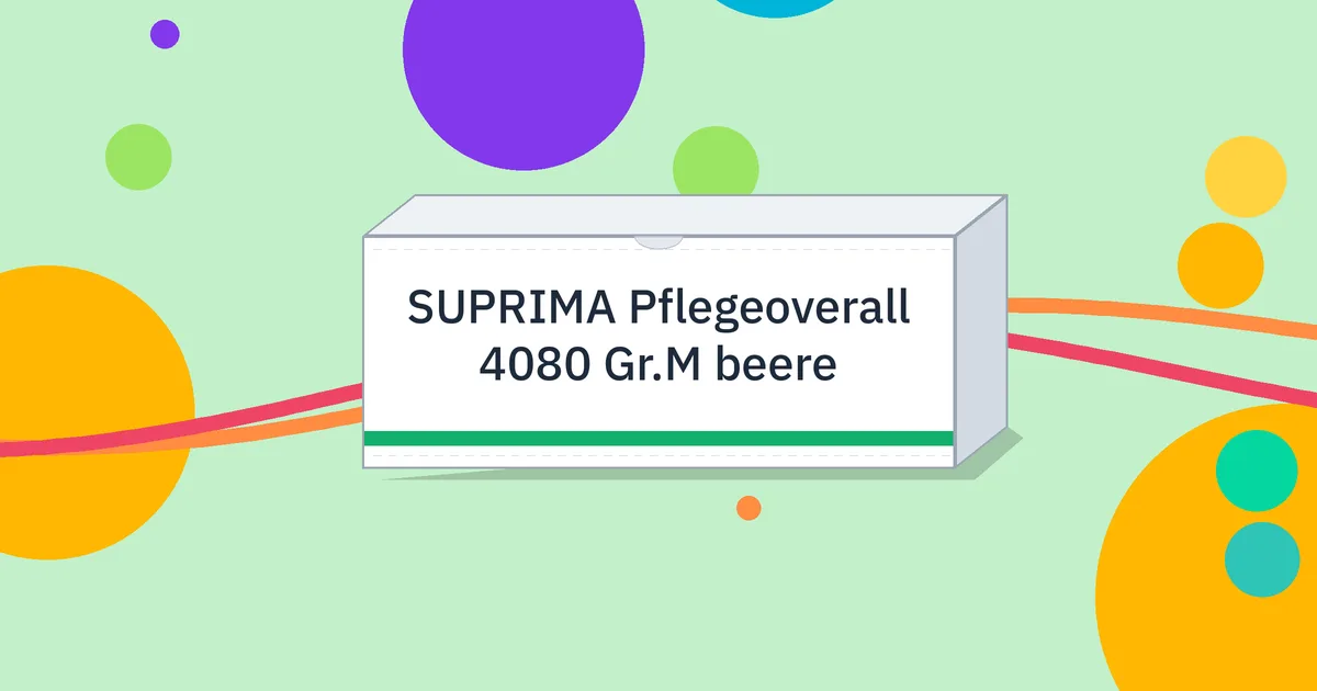 Symbolbild: Packung mit der Aufschrift SUPRIMA Pflegeoverall 4080 Gr.M beere (PZN 07329358) – Verfügbarkeit und Bezug in Apotheken in Frankfurt am Main