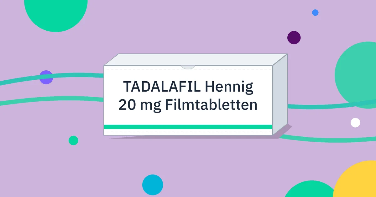 Symbolbild: Packung mit der Aufschrift TADALAFIL Hennig 20 mg Filmtabletten (PZN 12897811) – Verfügbarkeit und Bezug in Apotheken in Frankfurt am Main