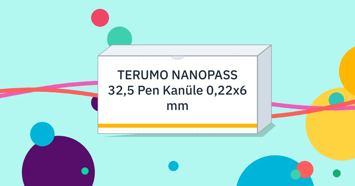 Symbolbild: Packung mit der Aufschrift TERUMO NANOPASS 32,5 Pen Kanüle 0,22x6 mm (PZN 16359683) – Verfügbarkeit und Bezug in Apotheken in Frankfurt am Main