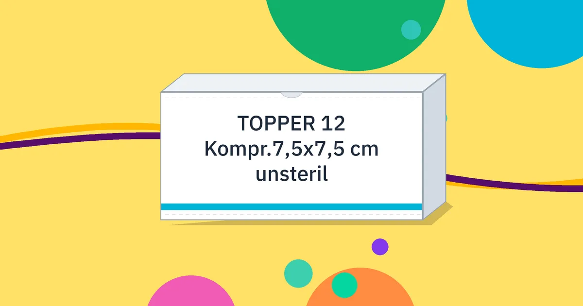 Symbolbild: Packung mit der Aufschrift TOPPER 12 Kompr.7,5x7,5 cm unsteril (PZN 09644437) – Verfügbarkeit und Bezug in Apotheken in Frankfurt am Main